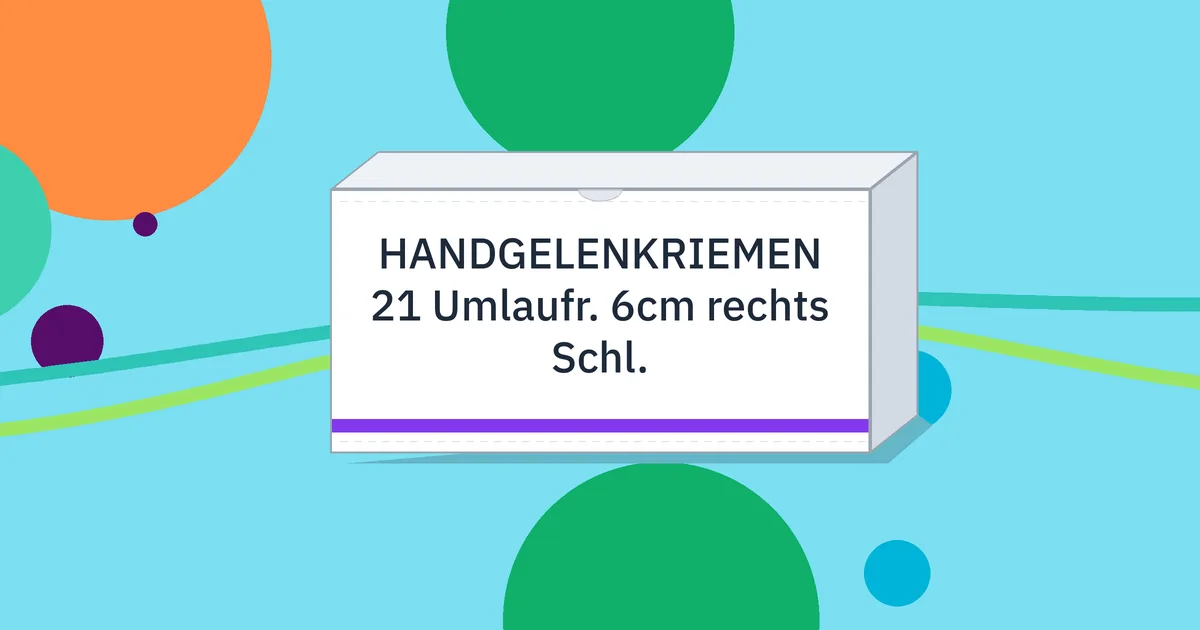 Symbolbild: Packung mit der Aufschrift HANDGELENKRIEMEN 21 Umlaufr. 6cm rechts Schl. (PZN 01962913) – Verfügbarkeit und Bezug in Apotheken in Frankfurt am Main