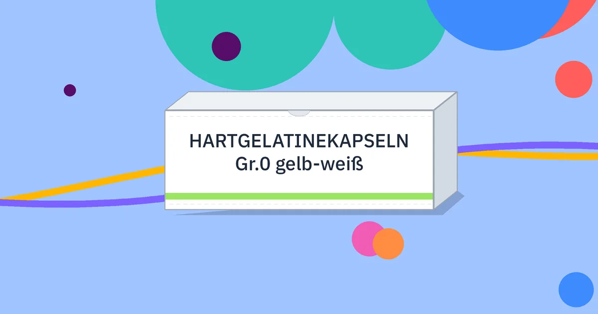 Symbolbild: Packung mit der Aufschrift HARTGELATINEKAPSELN Gr.0 gelb-weiß (PZN 19114048) – Verfügbarkeit und Bezug in Apotheken in Frankfurt am Main
