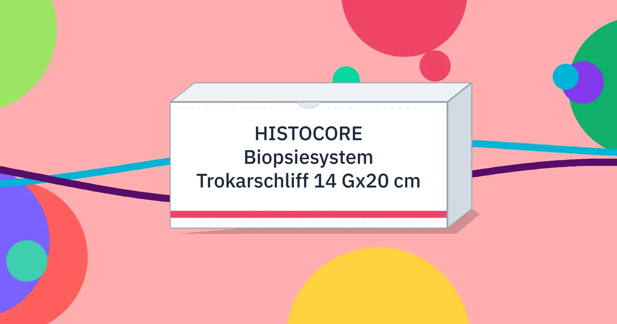 Symbolbild: Packung mit der Aufschrift HISTOCORE Biopsiesystem Trokarschliff 14 Gx20 cm (PZN 18793998) – Verfügbarkeit und Bezug in Apotheken in Frankfurt am Main