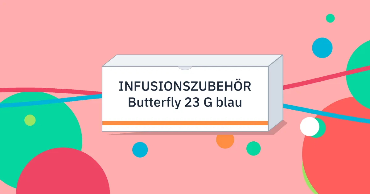 Symbolbild: Packung mit der Aufschrift INFUSIONSZUBEHÖR Butterfly 23 G blau (PZN 09630211) – Verfügbarkeit und Bezug in Apotheken in Frankfurt am Main