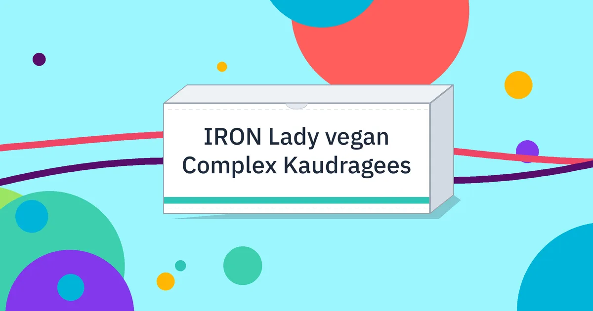 Symbolbild: Packung mit der Aufschrift IRON Lady vegan Complex Kaudragees (PZN 18499885) – Verfügbarkeit und Bezug in Apotheken in Frankfurt am Main