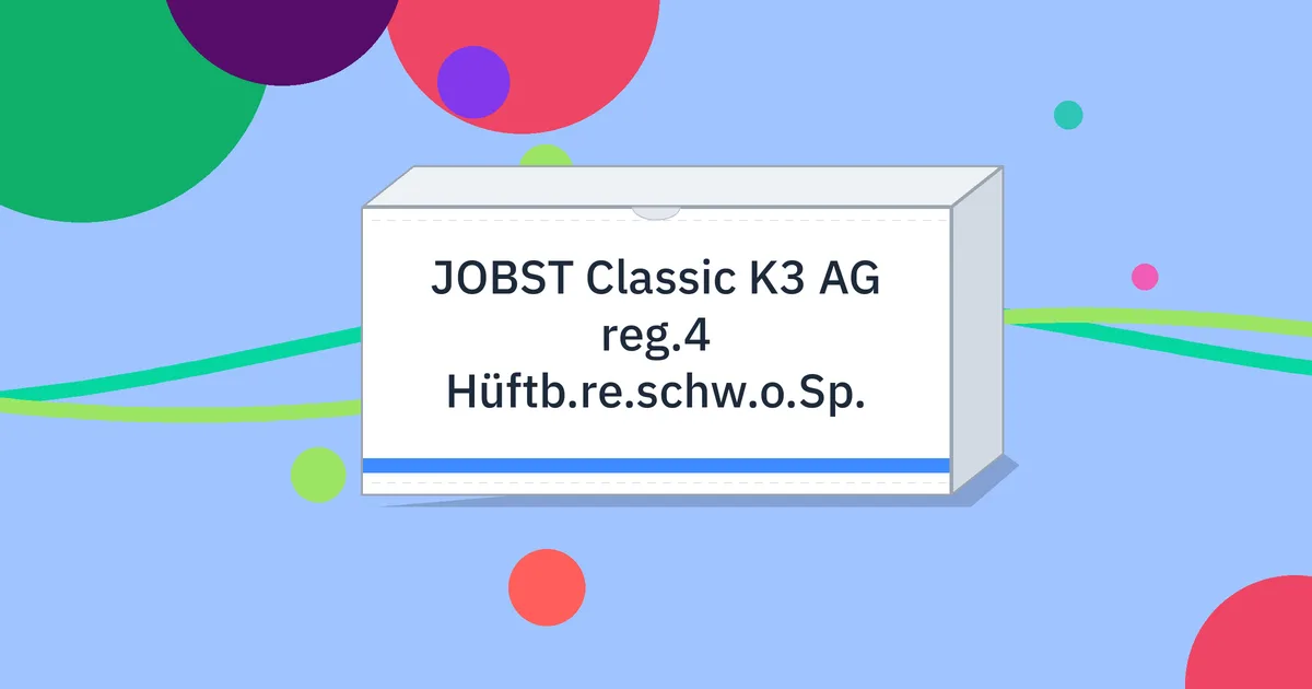 Symbolbild: Packung mit der Aufschrift JOBST Classic K3 AG reg.4 Hüftb.re.schw.o.Sp. (PZN 13076602) – Verfügbarkeit und Bezug in Apotheken in Frankfurt am Main