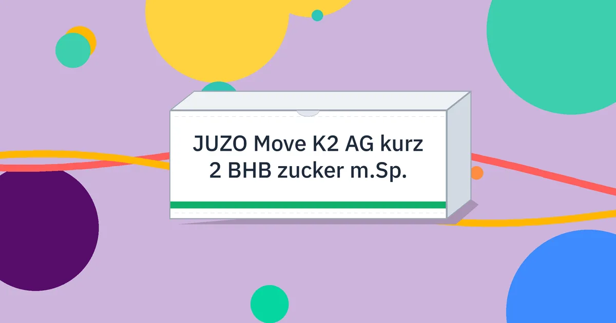 Symbolbild: Packung mit der Aufschrift JUZO Move K2 AG kurz 2 BHB zucker m.Sp. (PZN 18528055) – Verfügbarkeit und Bezug in Apotheken in Frankfurt am Main
