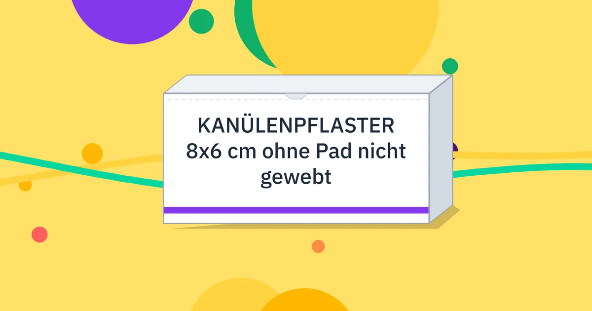 Symbolbild: Packung mit der Aufschrift KANÜLENPFLASTER 8x6 cm ohne Pad nicht gewebt (PZN 10405695) – Verfügbarkeit und Bezug in Apotheken in Frankfurt am Main