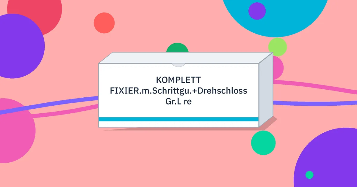 Symbolbild: Packung mit der Aufschrift KOMPLETT FIXIER.m.Schrittgu.+Drehschloss Gr.L re (PZN 11573360) – Verfügbarkeit und Bezug in Apotheken in Frankfurt am Main