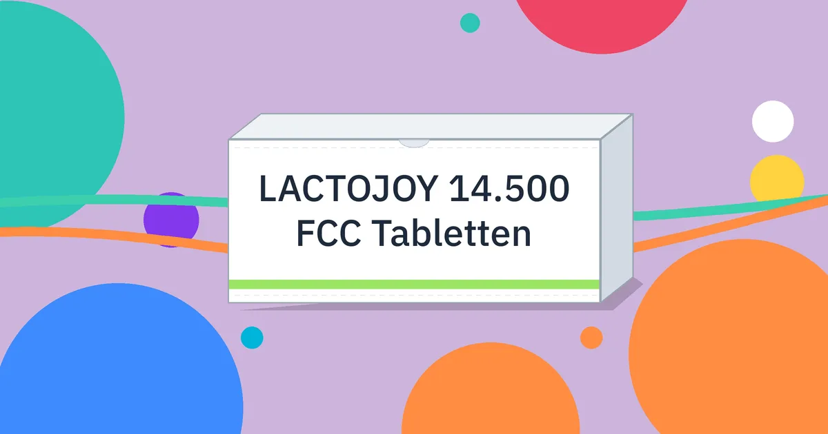 Symbolbild: Packung mit der Aufschrift LACTOJOY 14.500 FCC Tabletten (PZN 15193275) – Verfügbarkeit und Bezug in Apotheken in Frankfurt am Main
