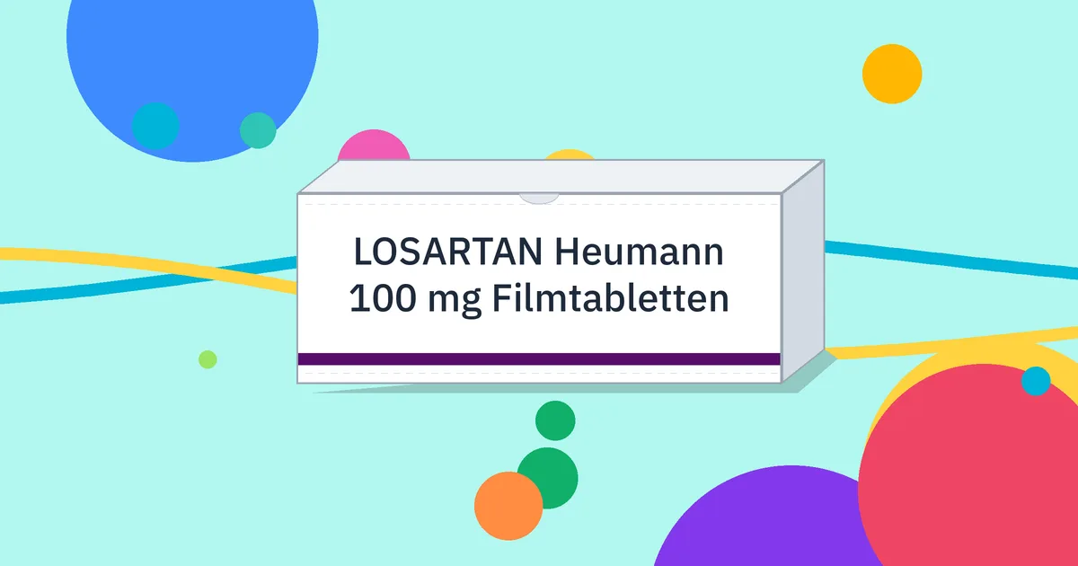 Symbolbild: Packung mit der Aufschrift LOSARTAN Heumann 100 mg Filmtabletten (PZN 05371706) – Verfügbarkeit und Bezug in Apotheken in Frankfurt am Main