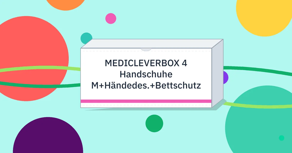 Symbolbild: Packung mit der Aufschrift MEDICLEVERBOX 4 Handschuhe M+Händedes.+Bettschutz (PZN 19053364) – Verfügbarkeit und Bezug in Apotheken in Frankfurt am Main