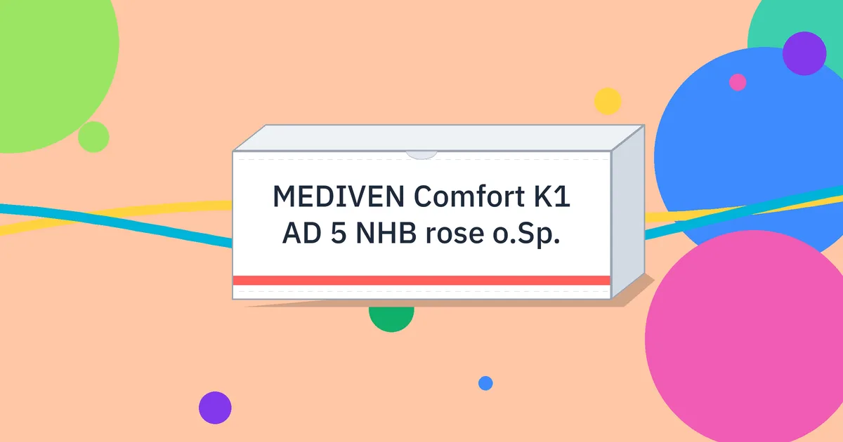 Symbolbild: Packung mit der Aufschrift MEDIVEN Comfort K1 AD 5 NHB rose o.Sp. (PZN 14560168) – Verfügbarkeit und Bezug in Apotheken in Frankfurt am Main