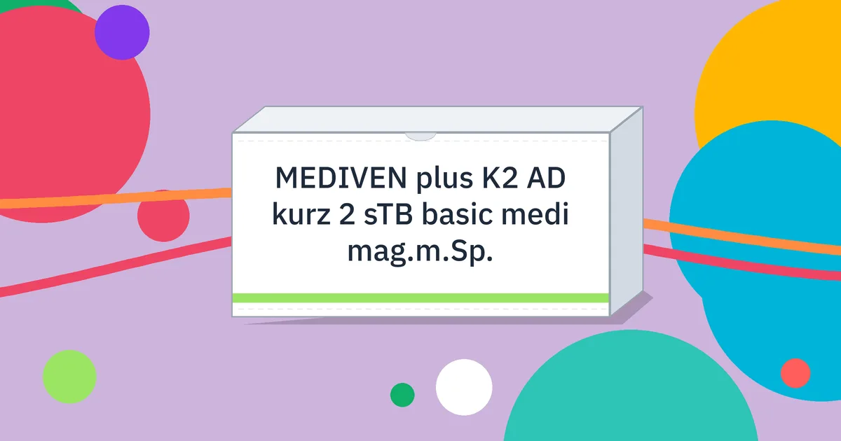 Symbolbild: Packung mit der Aufschrift MEDIVEN plus K2 AD kurz 2 sTB basic medi mag.m.Sp. (PZN 15099932) – Verfügbarkeit und Bezug in Apotheken in Frankfurt am Main
