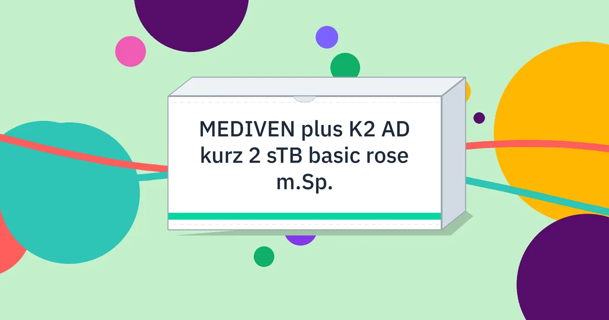 Symbolbild: Packung mit der Aufschrift MEDIVEN plus K2 AD kurz 2 sTB basic rose m.Sp. (PZN 15099702) – Verfügbarkeit und Bezug in Apotheken in Frankfurt am Main