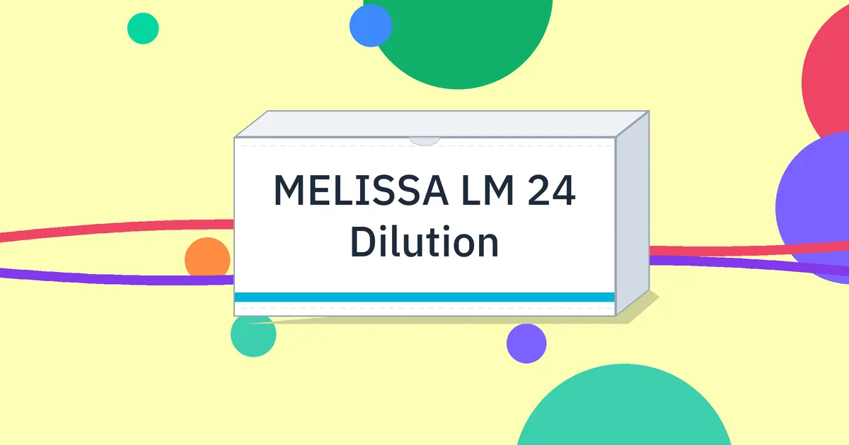 Symbolbild: Packung mit der Aufschrift MELISSA LM 24 Dilution (PZN 09650372) – Verfügbarkeit und Bezug in Apotheken in Frankfurt am Main