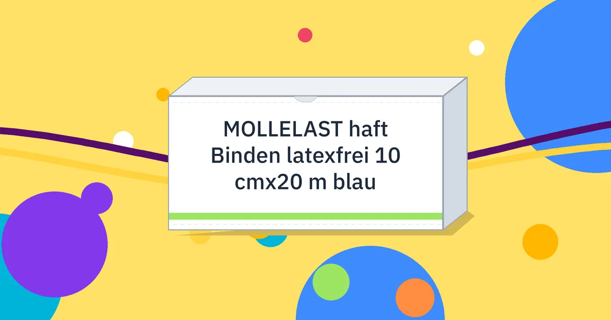 Symbolbild: Packung mit der Aufschrift MOLLELAST haft Binden latexfrei 10 cmx20 m blau (PZN 09886086) – Verfügbarkeit und Bezug in Apotheken in Frankfurt am Main