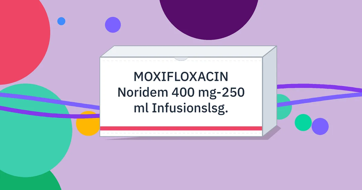 Symbolbild: Packung mit der Aufschrift MOXIFLOXACIN Noridem 400 mg-250 ml Infusionslsg. (PZN 13904246) – Verfügbarkeit und Bezug in Apotheken in Frankfurt am Main