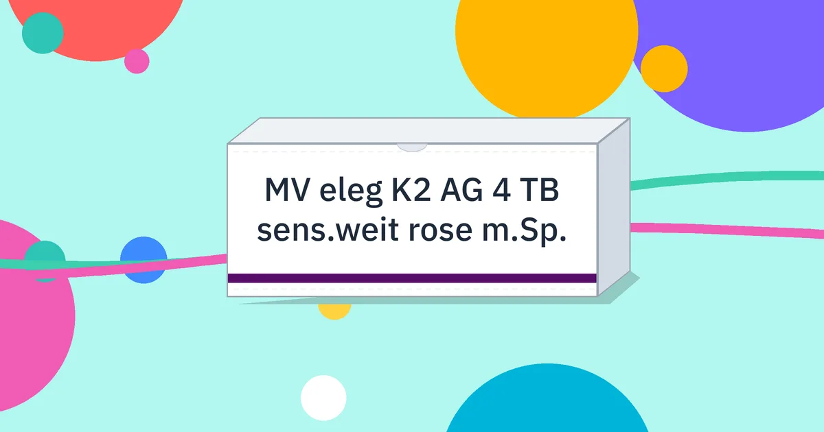 Symbolbild: Packung mit der Aufschrift MV eleg K2 AG 4 TB sens.weit rose m.Sp. (PZN 14699742) – Verfügbarkeit und Bezug in Apotheken in Frankfurt am Main