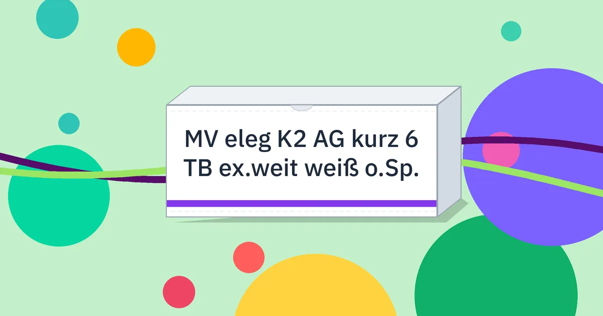 Symbolbild: Packung mit der Aufschrift MV eleg K2 AG kurz 6 TB ex.weit weiß o.Sp. (PZN 09880652) – Verfügbarkeit und Bezug in Apotheken in Frankfurt am Main