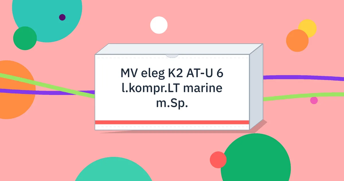 Symbolbild: Packung mit der Aufschrift MV eleg K2 AT-U 6 l.kompr.LT marine m.Sp. (PZN 15289963) – Verfügbarkeit und Bezug in Apotheken in Frankfurt am Main