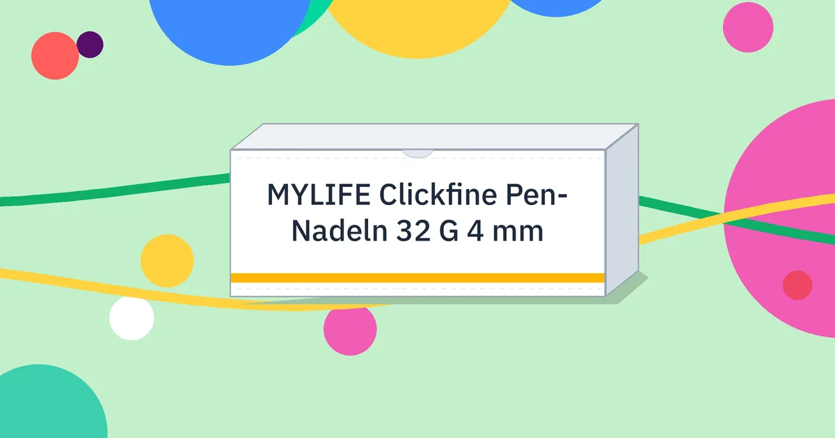 Symbolbild: Packung mit der Aufschrift MYLIFE Clickfine Pen-Nadeln 32 G 4 mm (PZN 10257846) – Verfügbarkeit und Bezug in Apotheken in Frankfurt am Main
