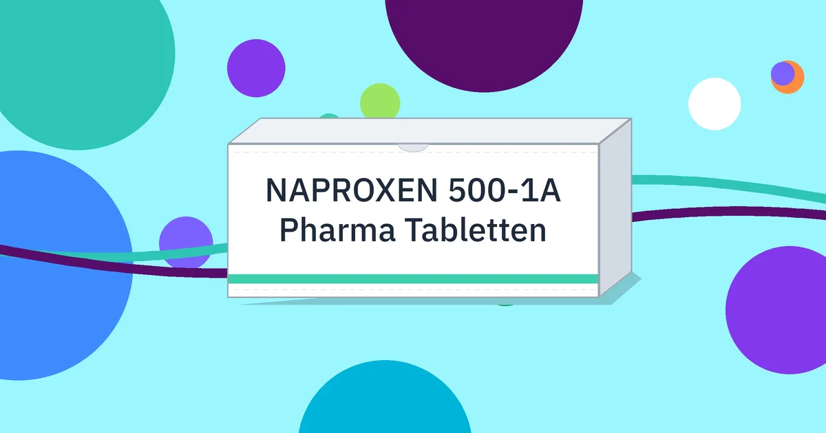 Symbolbild: Packung mit der Aufschrift NAPROXEN 500-1A Pharma Tabletten (PZN 06312605) – Verfügbarkeit und Bezug in Apotheken in Frankfurt am Main