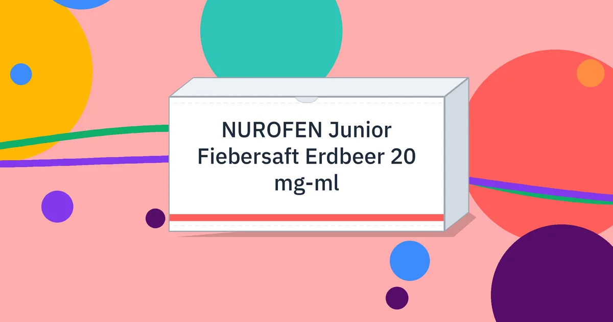 Symbolbild: Packung mit der Aufschrift NUROFEN Junior Fiebersaft Erdbeer 20 mg-ml (PZN 16516846) – Verfügbarkeit und Bezug in Apotheken in Frankfurt am Main