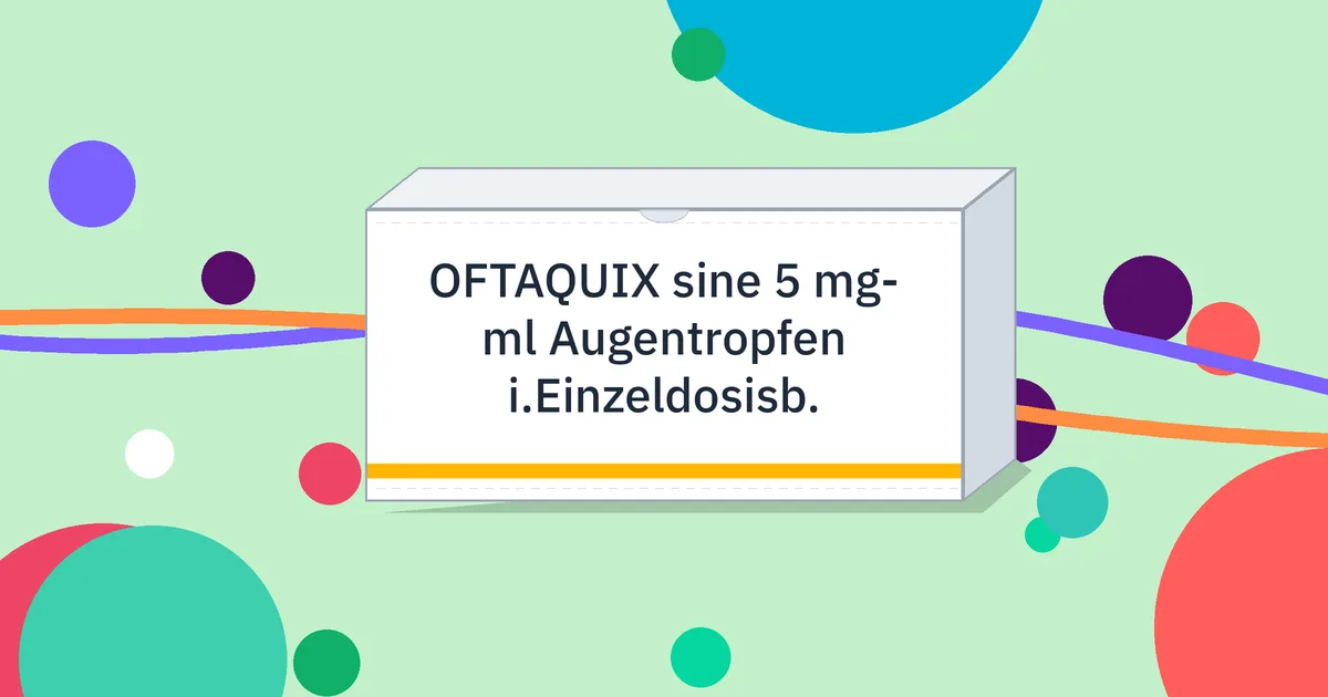 Symbolbild: Packung mit der Aufschrift OFTAQUIX sine 5 mg-ml Augentropfen i.Einzeldosisb. (PZN 11547569) – Verfügbarkeit und Bezug in Apotheken in Frankfurt am Main