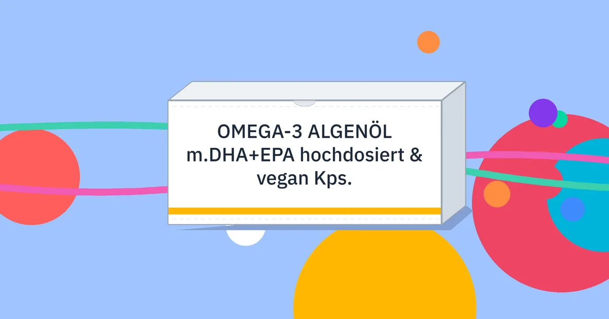 Symbolbild: Packung mit der Aufschrift OMEGA-3 ALGENÖL m.DHA+EPA hochdosiert & vegan Kps. (PZN 20650697) – Verfügbarkeit und Bezug in Apotheken in Frankfurt am Main