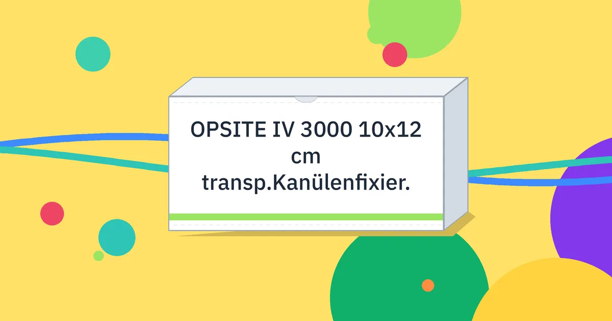 Symbolbild: Packung mit der Aufschrift OPSITE IV 3000 10x12 cm transp.Kanülenfixier. (PZN 07478176) – Verfügbarkeit und Bezug in Apotheken in Frankfurt am Main