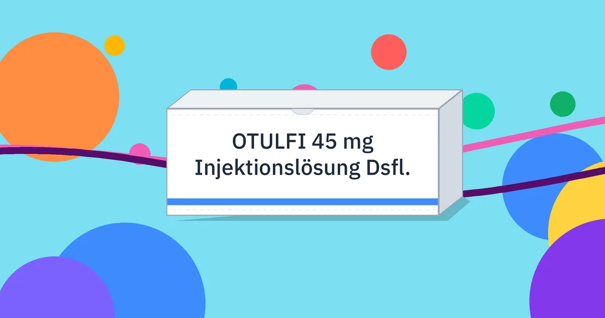 Symbolbild: Packung mit der Aufschrift OTULFI 45 mg Injektionslösung Dsfl. (PZN 19541307) – Verfügbarkeit und Bezug in Apotheken in Frankfurt am Main