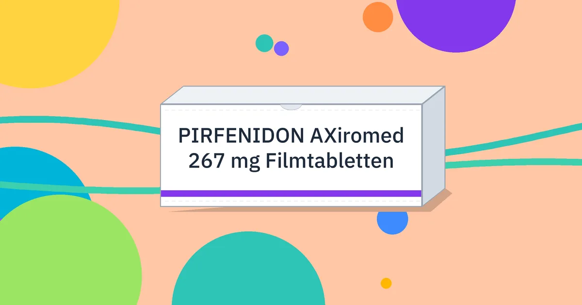 Symbolbild: Packung mit der Aufschrift PIRFENIDON AXiromed 267 mg Filmtabletten (PZN 19204515) – Verfügbarkeit und Bezug in Apotheken in Frankfurt am Main