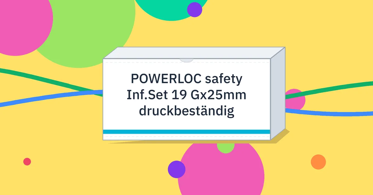Symbolbild: Packung mit der Aufschrift POWERLOC safety Inf.Set 19 Gx25mm druckbeständig (PZN 18816618) – Verfügbarkeit und Bezug in Apotheken in Frankfurt am Main