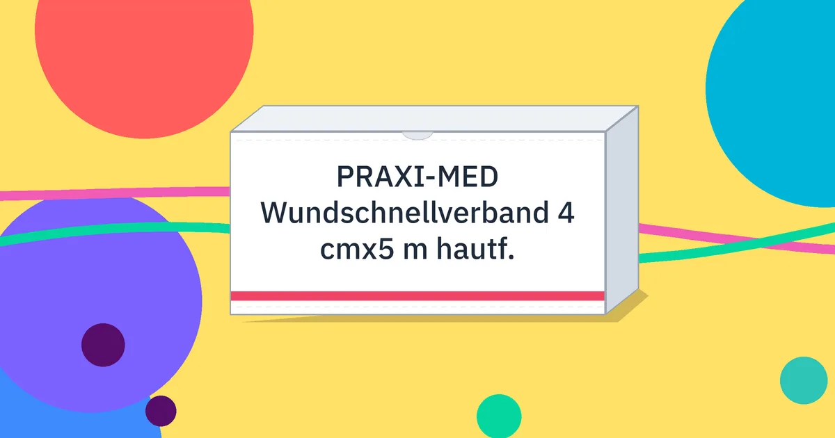 Symbolbild: Packung mit der Aufschrift PRAXI-MED Wundschnellverband 4 cmx5 m hautf. (PZN 12827124) – Verfügbarkeit und Bezug in Apotheken in Frankfurt am Main