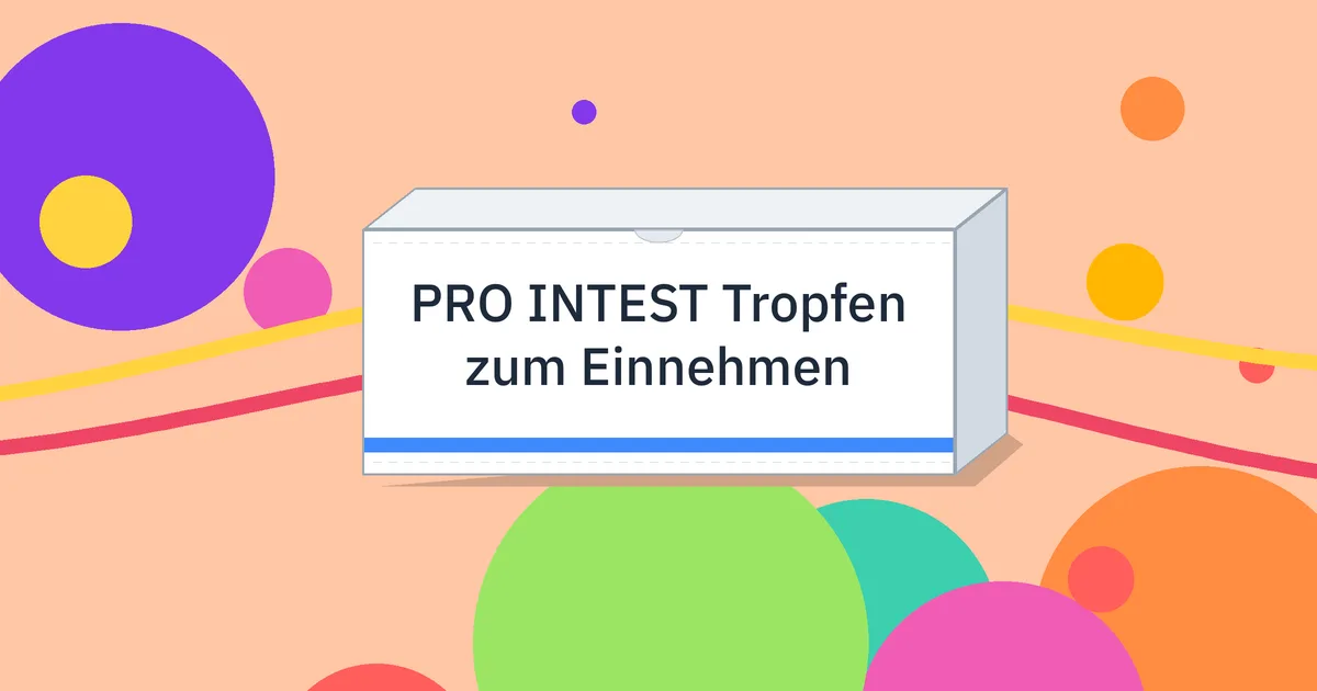 Symbolbild: Packung mit der Aufschrift PRO INTEST Tropfen zum Einnehmen (PZN 16047564) – Verfügbarkeit und Bezug in Apotheken in Frankfurt am Main