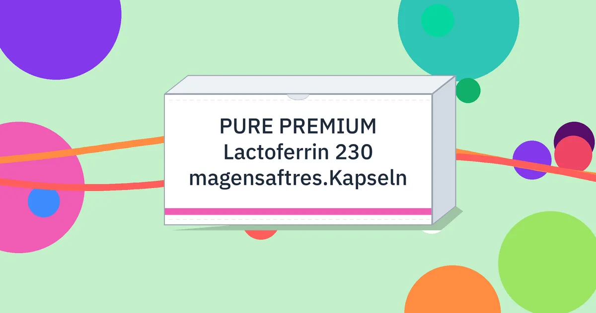 Symbolbild: Packung mit der Aufschrift PURE PREMIUM Lactoferrin 230 magensaftres.Kapseln (PZN 18489585) – Verfügbarkeit und Bezug in Apotheken in Frankfurt am Main