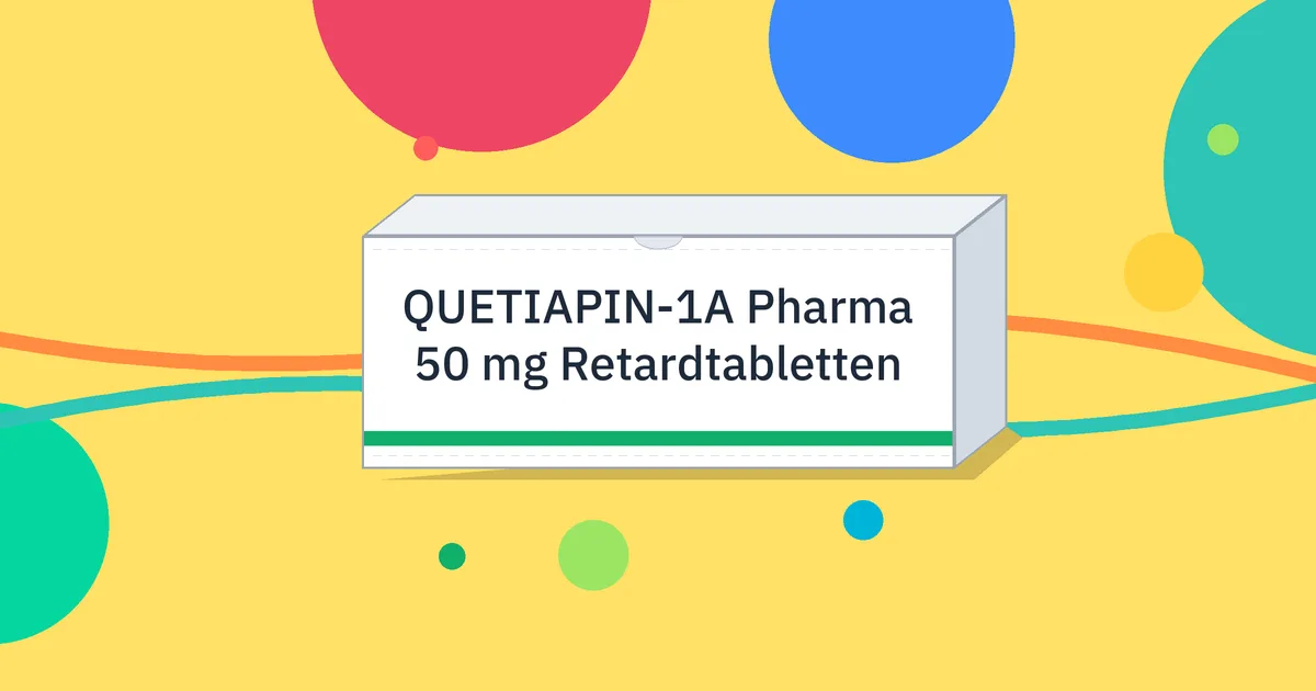 Symbolbild: Packung mit der Aufschrift QUETIAPIN-1A Pharma 50 mg Retardtabletten (PZN 10071892) – Verfügbarkeit und Bezug in Apotheken in Frankfurt am Main