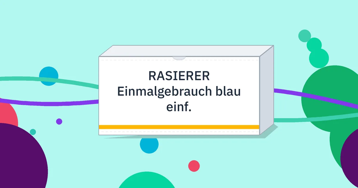 Symbolbild: Packung mit der Aufschrift RASIERER Einmalgebrauch blau einf. (PZN 02443109) – Verfügbarkeit und Bezug in Apotheken in Frankfurt am Main