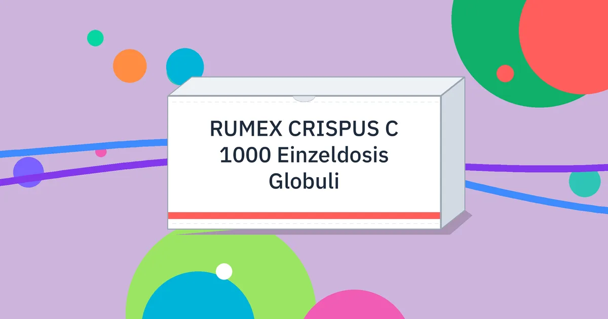 Symbolbild: Packung mit der Aufschrift RUMEX CRISPUS C 1000 Einzeldosis Globuli (PZN 03034821) – Verfügbarkeit und Bezug in Apotheken in Frankfurt am Main