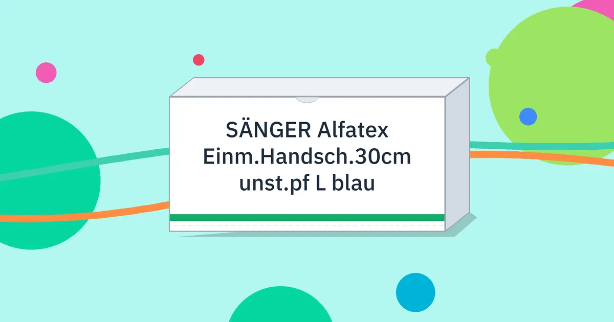 Symbolbild: Packung mit der Aufschrift SÄNGER Alfatex Einm.Handsch.30cm unst.pf L blau (PZN 00774411) – Verfügbarkeit und Bezug in Apotheken in Frankfurt am Main