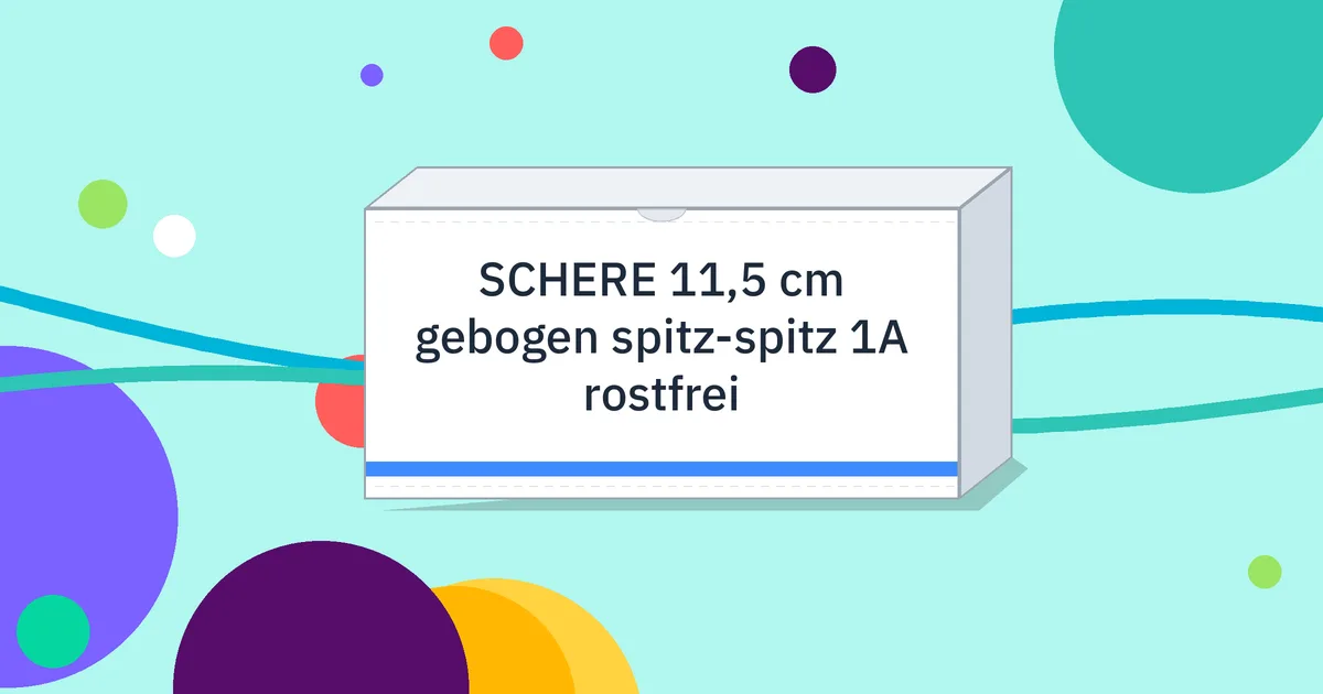 Symbolbild: Packung mit der Aufschrift SCHERE 11,5 cm gebogen spitz-spitz 1A rostfrei (PZN 18671887) – Verfügbarkeit und Bezug in Apotheken in Frankfurt am Main
