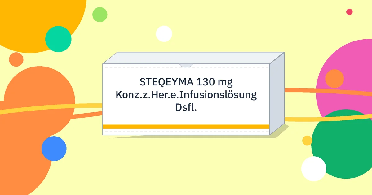 Symbolbild: Packung mit der Aufschrift STEQEYMA 130 mg Konz.z.Her.e.Infusionslösung Dsfl. (PZN 20126743) – Verfügbarkeit und Bezug in Apotheken in Frankfurt am Main