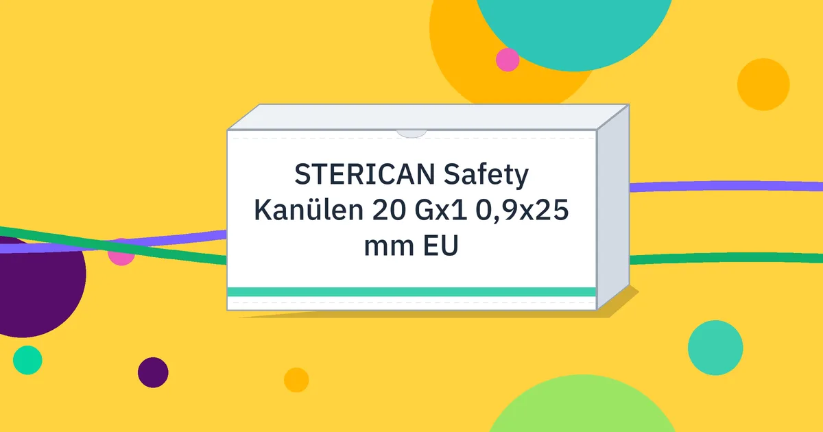 Symbolbild: Packung mit der Aufschrift STERICAN Safety Kanülen 20 Gx1 0,9x25 mm EU (PZN 15746432) – Verfügbarkeit und Bezug in Apotheken in Frankfurt am Main