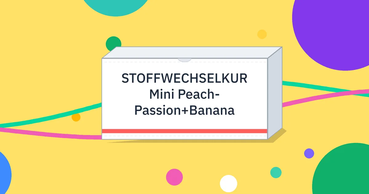 Symbolbild: Packung mit der Aufschrift STOFFWECHSELKUR Mini Peach-Passion+Banana (PZN 14044840) – Verfügbarkeit und Bezug in Apotheken in Frankfurt am Main