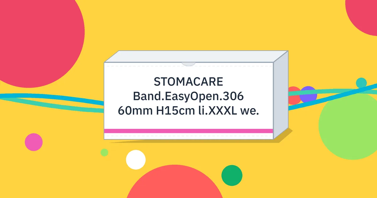 Symbolbild: Packung mit der Aufschrift STOMACARE Band.EasyOpen.306 60mm H15cm li.XXXL we. (PZN 07665429) – Verfügbarkeit und Bezug in Apotheken in Frankfurt am Main