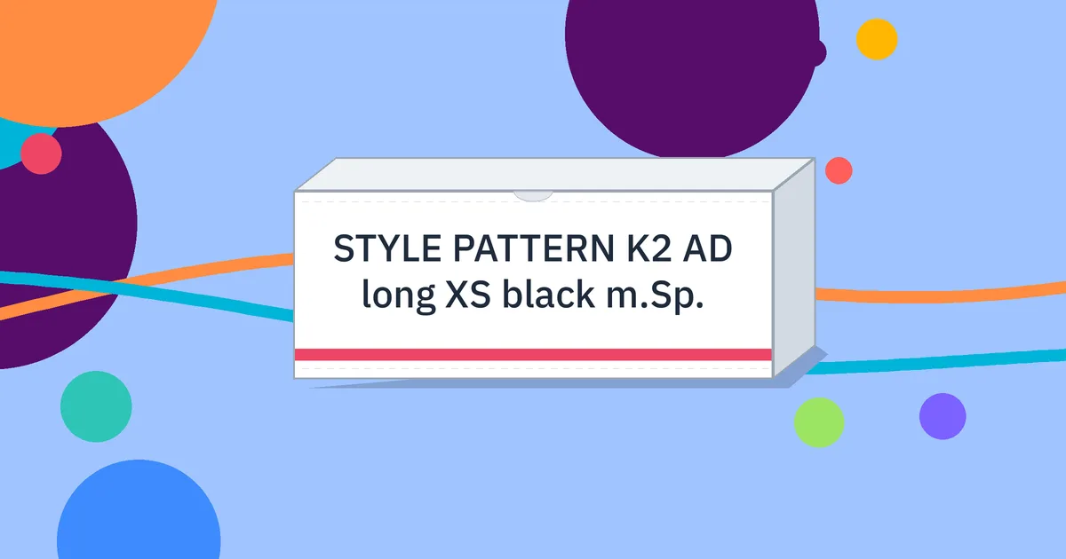 Symbolbild: Packung mit der Aufschrift STYLE PATTERN K2 AD long XS black m.Sp. (PZN 19695192) – Verfügbarkeit und Bezug in Apotheken in Frankfurt am Main