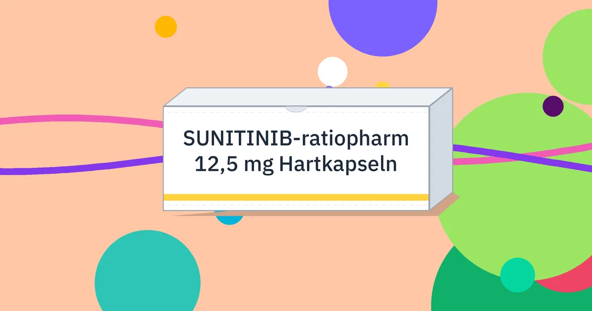 Symbolbild: Packung mit der Aufschrift SUNITINIB-ratiopharm 12,5 mg Hartkapseln (PZN 17438812) – Verfügbarkeit und Bezug in Apotheken in Frankfurt am Main