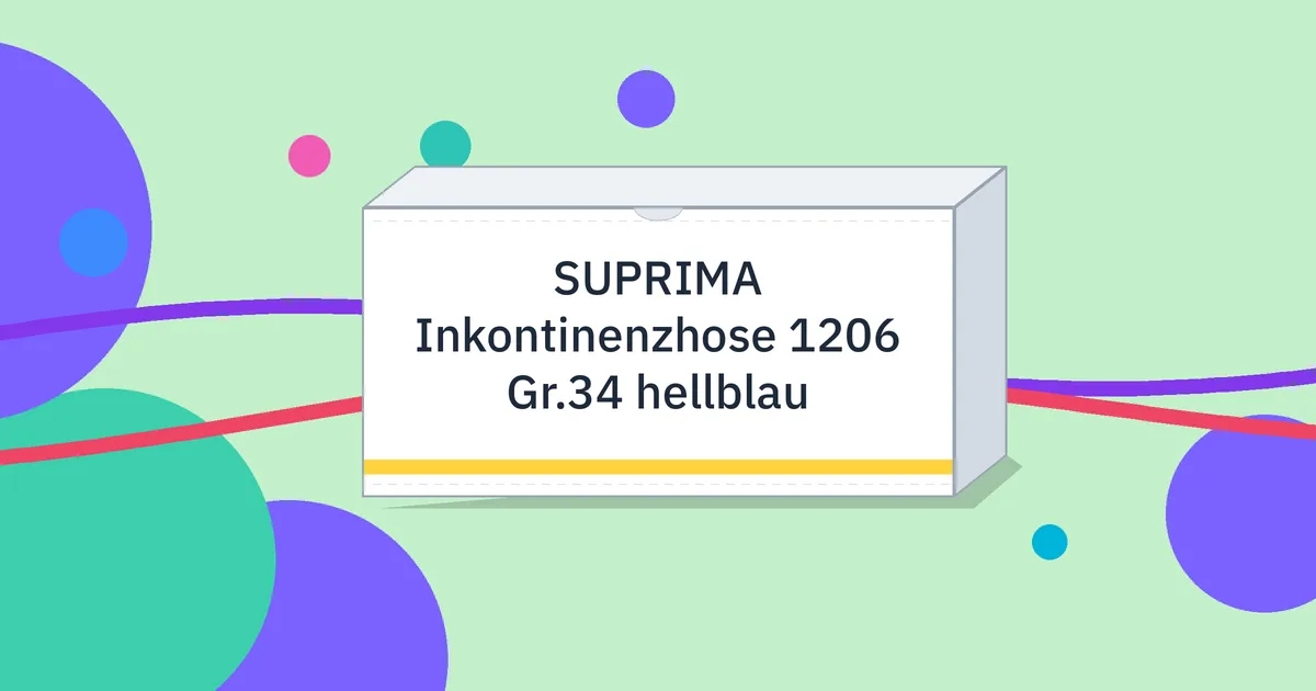 Symbolbild: Packung mit der Aufschrift SUPRIMA Inkontinenzhose 1206 Gr.34 hellblau (PZN 03021787) – Verfügbarkeit und Bezug in Apotheken in Frankfurt am Main