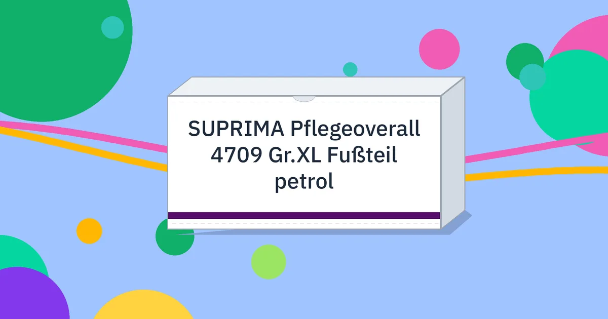 Symbolbild: Packung mit der Aufschrift SUPRIMA Pflegeoverall 4709 Gr.XL Fußteil petrol (PZN 11660366) – Verfügbarkeit und Bezug in Apotheken in Frankfurt am Main