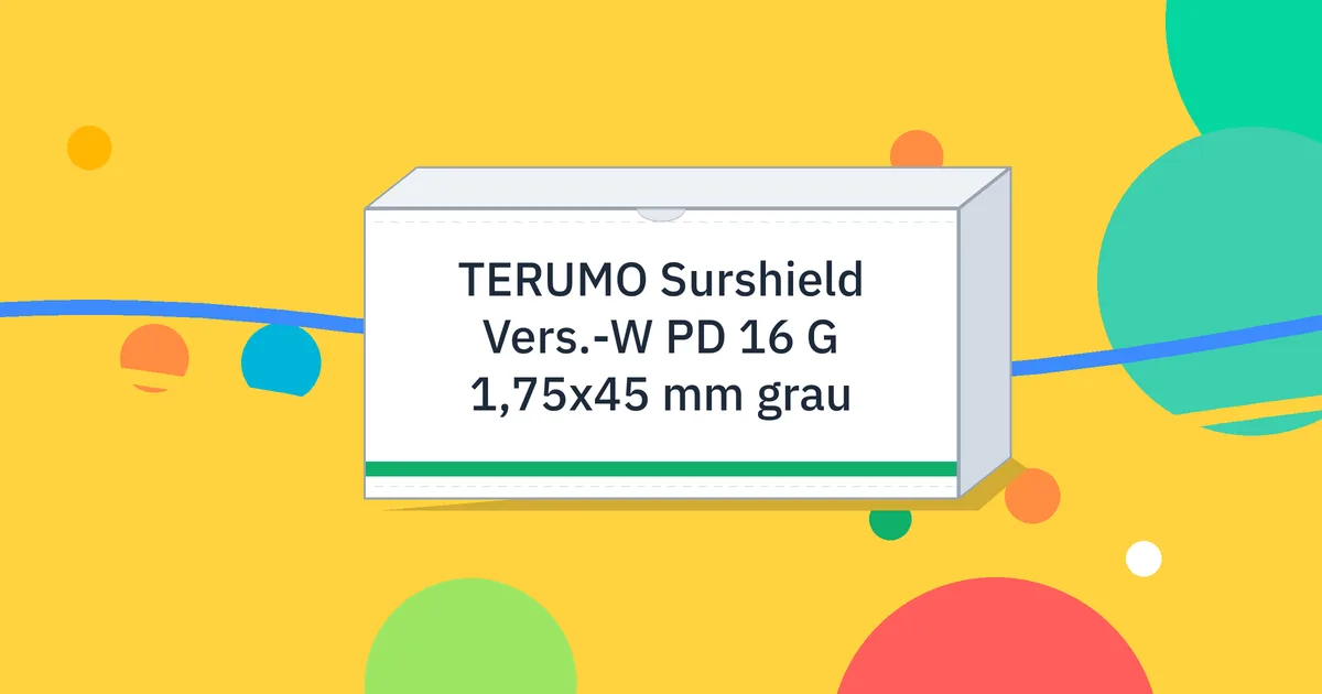 Symbolbild: Packung mit der Aufschrift TERUMO Surshield Vers.-W PD 16 G 1,75x45 mm grau (PZN 17630797) – Verfügbarkeit und Bezug in Apotheken in Frankfurt am Main