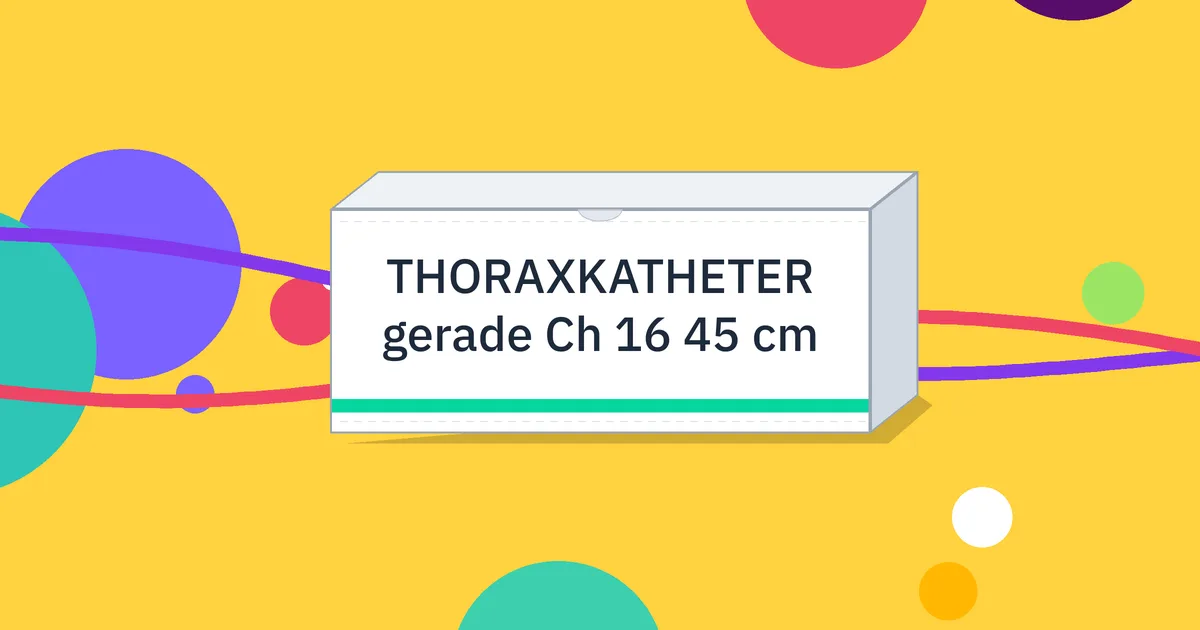 Symbolbild: Packung mit der Aufschrift THORAXKATHETER gerade Ch 16 45 cm (PZN 10033710) – Verfügbarkeit und Bezug in Apotheken in Frankfurt am Main
