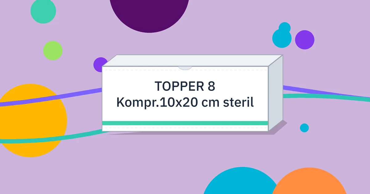 Symbolbild: Packung mit der Aufschrift TOPPER 8 Kompr.10x20 cm steril (PZN 03306461) – Verfügbarkeit und Bezug in Apotheken in Frankfurt am Main
