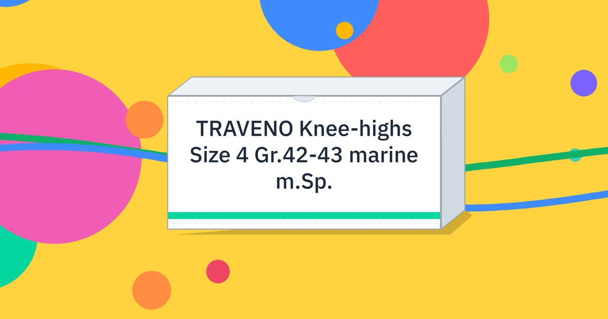 Symbolbild: Packung mit der Aufschrift TRAVENO Knee-highs Size 4 Gr.42-43 marine m.Sp. (PZN 17602803) – Verfügbarkeit und Bezug in Apotheken in Frankfurt am Main